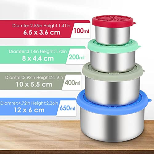 ikitchen Stainless Steel Snack Containers with Leakproof Silicone Lids, Salad Dressing Containers for Kids Reusable Metal Nesting Lunch Condiments Container Food Storage Set of 4