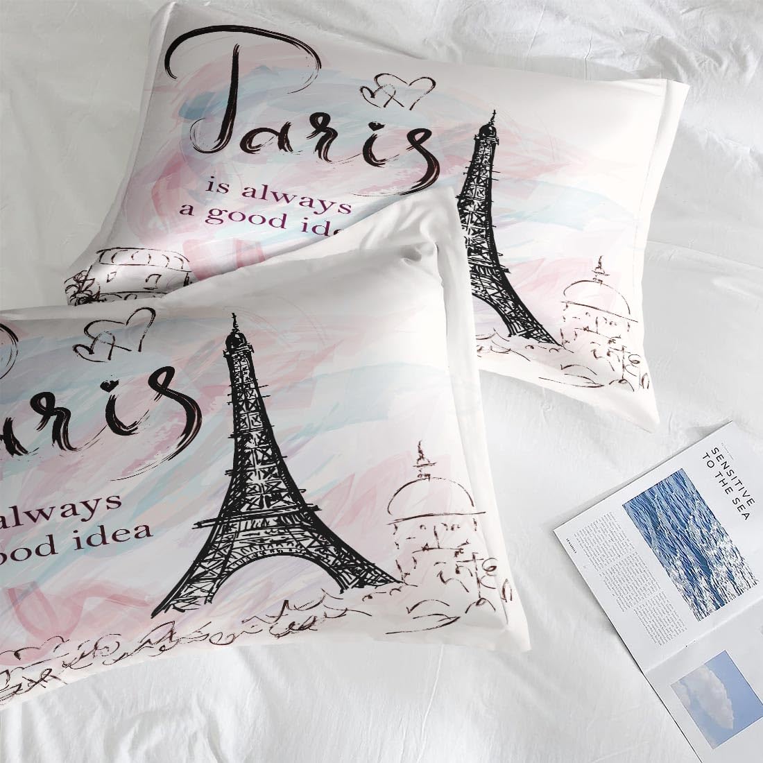 Nesphy Pink Paris Comforter Set for Boy Girl Children Teens Twin, Modern French Style Romantic Theme Bedding Sets Water Washed Microfiber Bedding with 1 Comforter 1 Pillowcase All Season