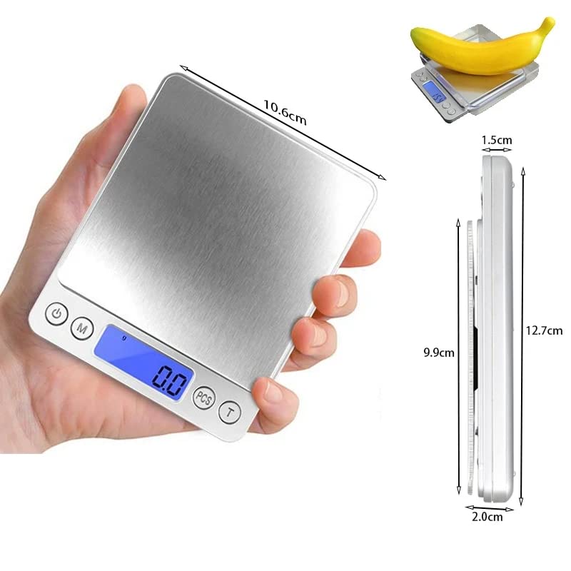 Digital Kitchen Scale 2000g x 0.1g Jewelry Cooking Food Scale Stainless Steel (Batteries Included) with 2 Clear Expanding Trays