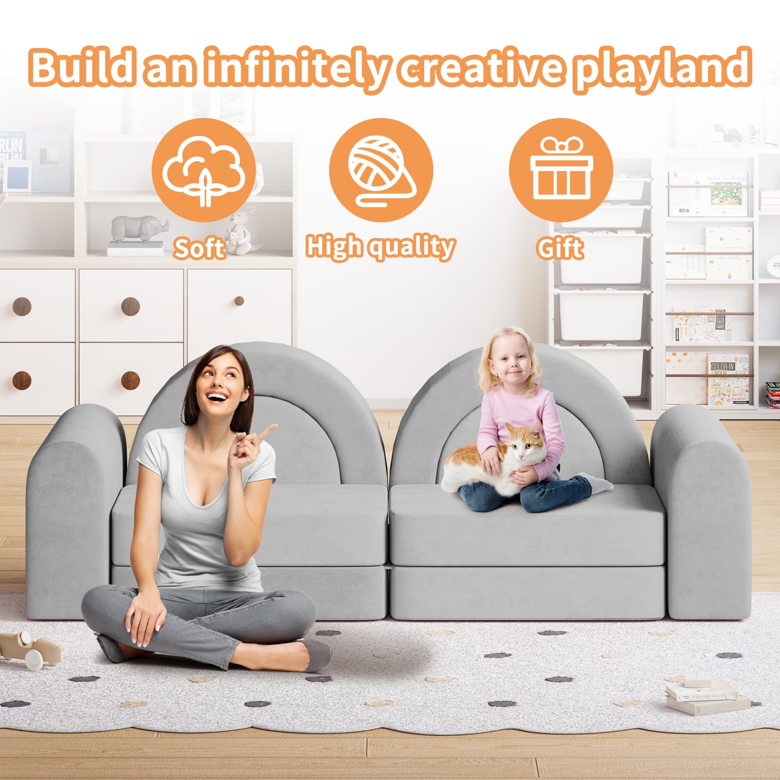 MOOITZ Modular Kids Play Couch, 10pcs Kids Play Couch for Playroom Bedroom, Convertible Modular Toddler Couch, Creative Kids Foam Sofa for Boys and Girls-Grey