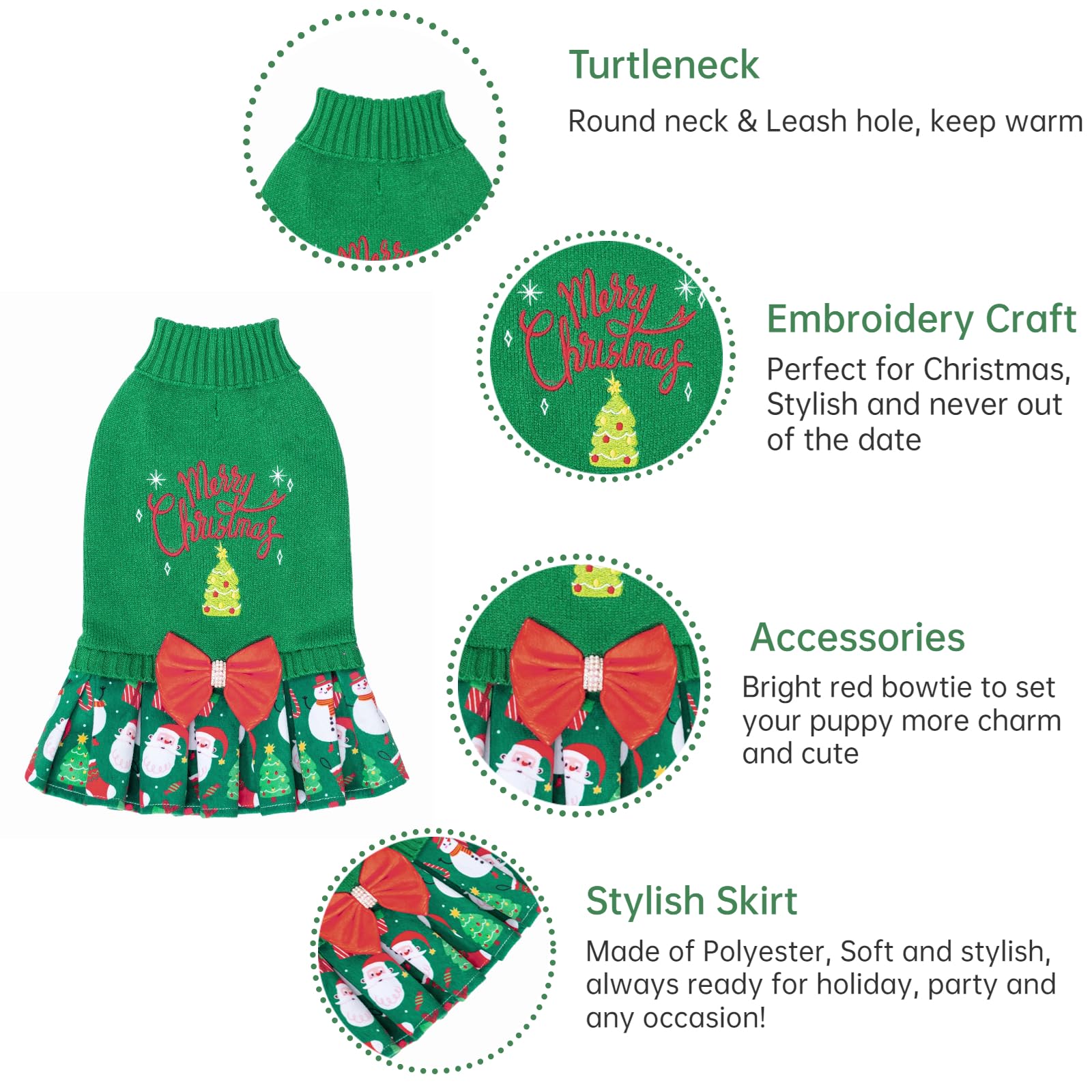 CuteBone Christmas Green Dog Sweater Dress Turtleneck Puppy Sweater with Bowtie Harness Hole Pullover Winter Dress for Medium Large Dogs