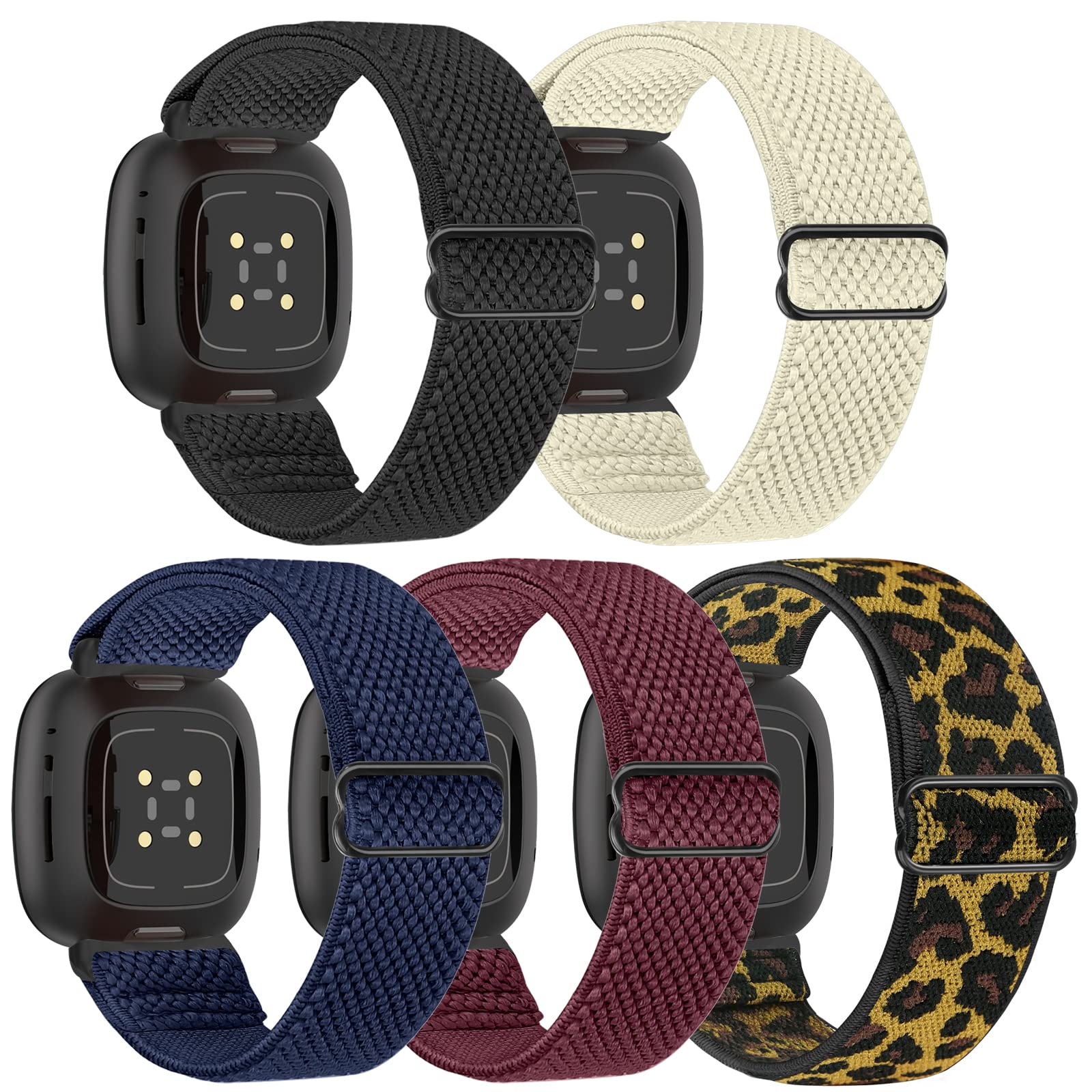 Fimpressiont Compatible with Fitbit Sense/Fitbit Versa 3 Bands Women Men - Adjustable Stretchy Nylon Solo Loop Braided Sport Elastic Strap for Fitbit Sense & Versa 3 Wristband 5 Pack