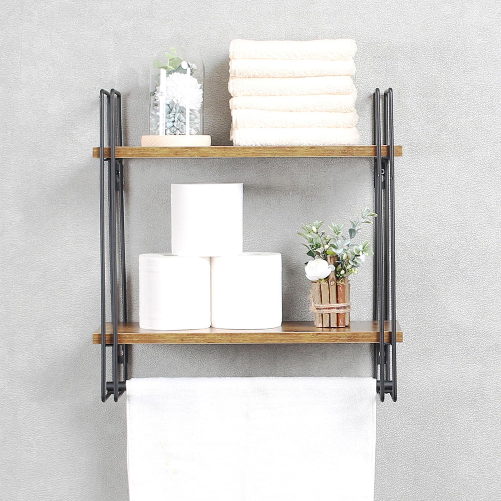 OISSIO Industrial Bathroom Shelves Wall Mounted,Rustic 2-Layer Bathroom Shelf with Towel Bar,Floating Shelves,Black