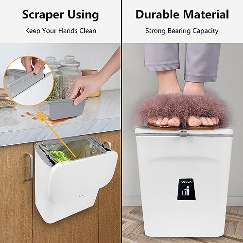 VIGIND 9L/2.4 Gallon Hanging Trash Can for Kitchen Cabinet Door with Lid, Small Under Sink Garbage Can,Trash Bin for Bathroom, Wall Mounted Counter Waste Compost Bin, Plastic  (White)