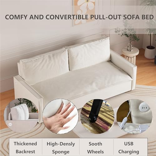 Eafurn Multi-Functional Futon Loveseat Couch, Beige Velet 63.8" Queen with USB Port