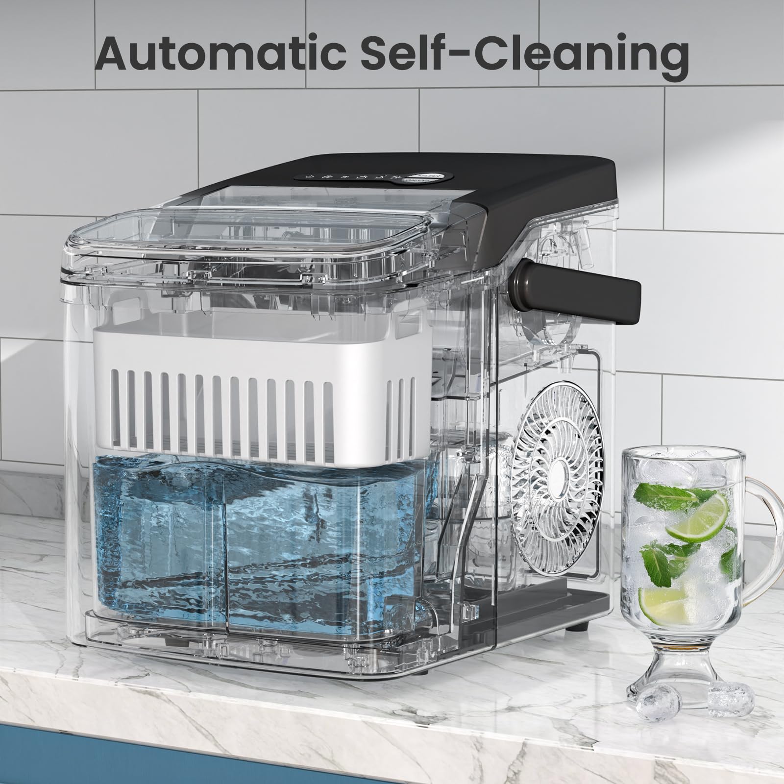 LHRIVER Countertop Ice Maker, Portable Ice Machine with 2 Size of Bullet Ice, 9 Ice Cubes Ready in 7 Mins, Auto-Cleaning Ice Makers with Ice Scoop and Ice Basket, Ideal for Family/Party/Camping, Black