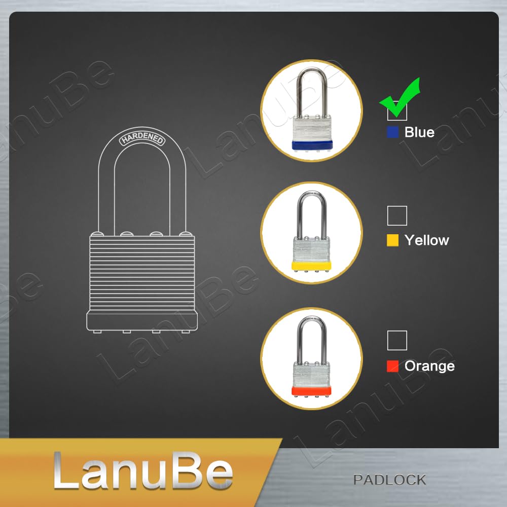 LanuBe Laminated keyed Padlock (1-9/16", 40mm), keyed Alike Locks, Long Shackle,Marked Blue Plastic Hoop, Pack of 6…