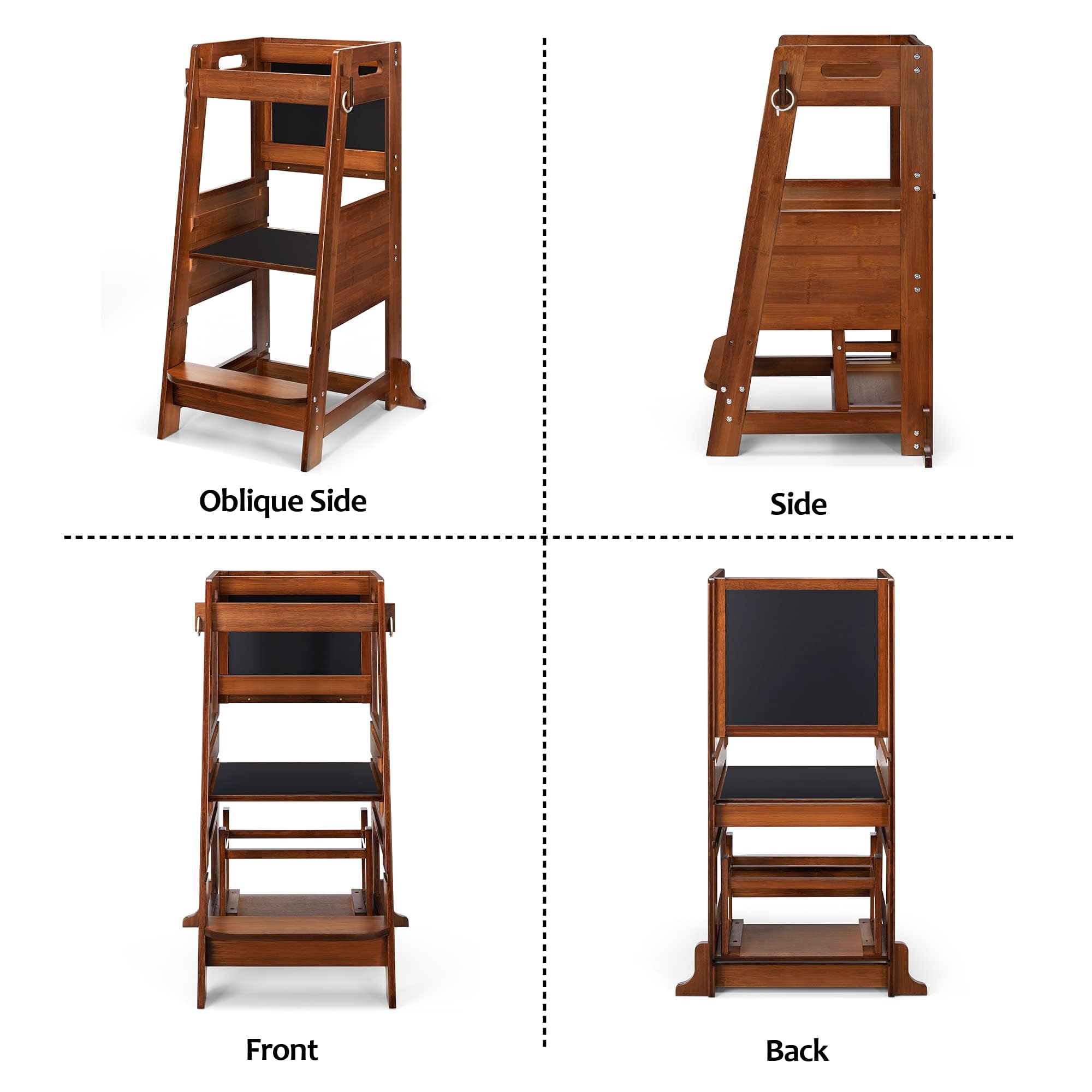 TOETOL Bamboo Toddler Step Stool Learning Kitchen Stool Standing Tower for Toddler Kitchen Counter Helper Stool 3 Height Adjustable with Activity Chalkboard and Whiteboard Message Boards,Non-Slip Mat