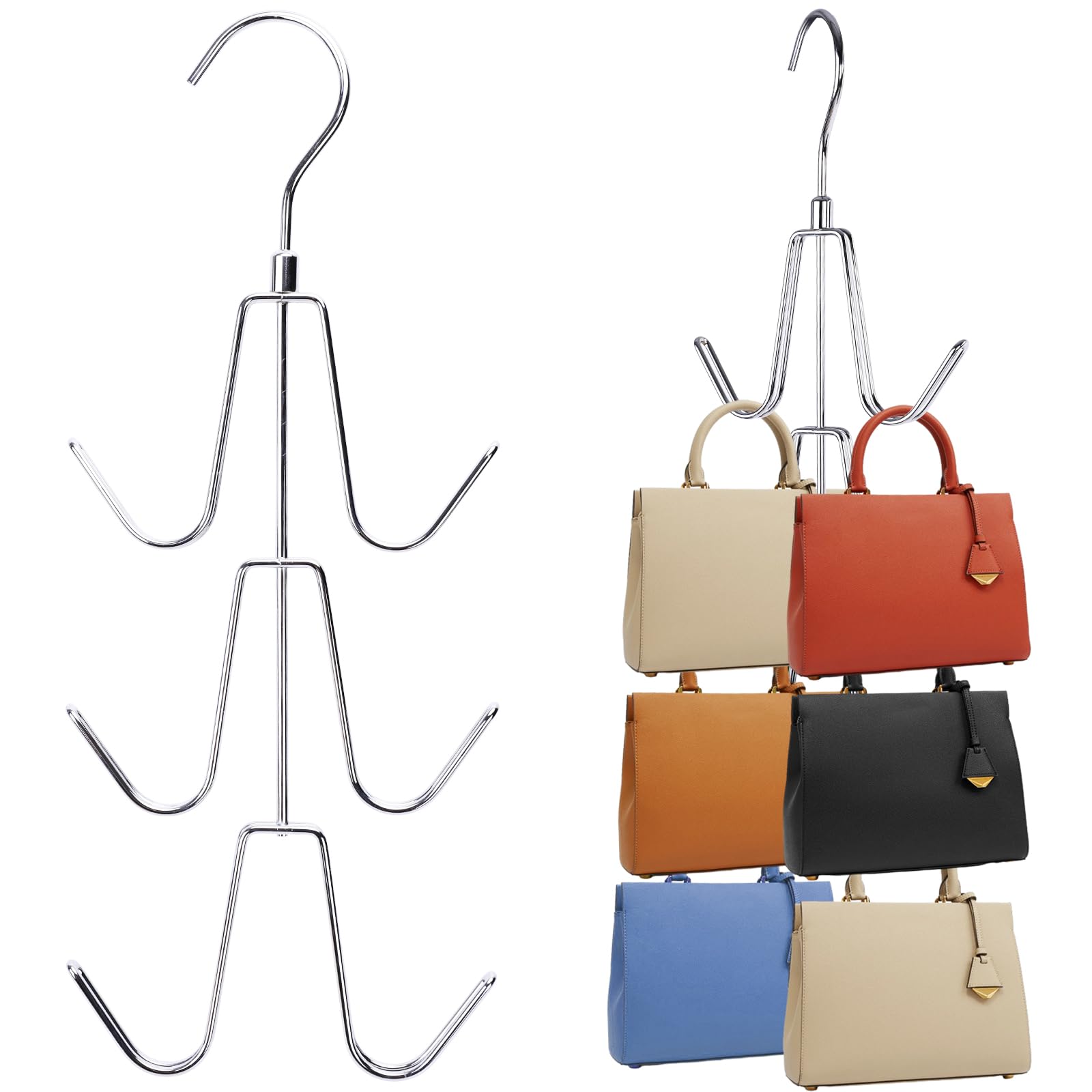 MCPINKY Purses Hanger Organizer for Closet, Rotatable Hanging Bag Holder 6 Storage Capacity Metal Handbag Storage for Bag Belt Scarf Hat Tie Grey