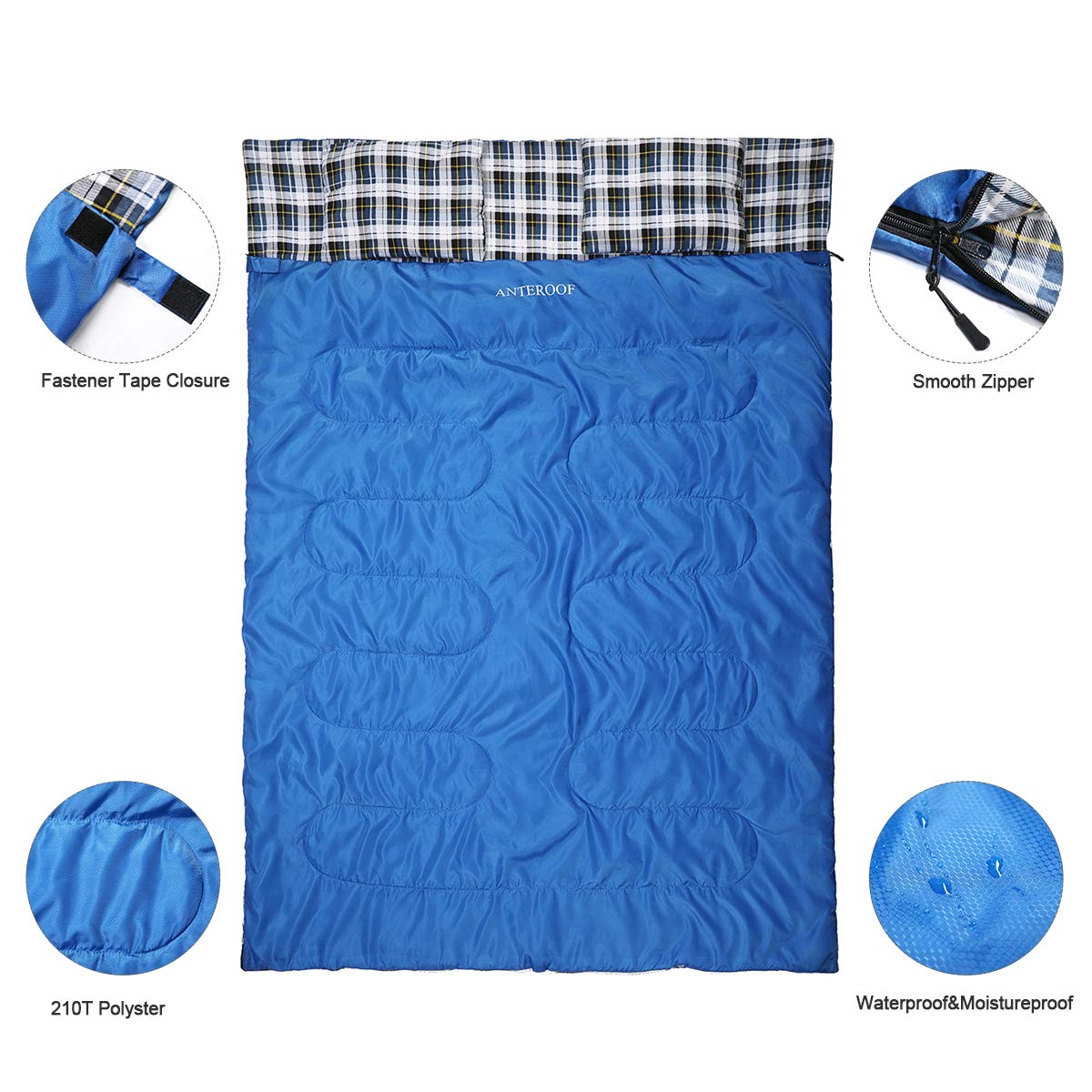 Double-Wide Cotton Flannel Lined Sleeping Bags, 3 Season Rectangular Semi-Rectangular Sleeping Bags Lightweight Warmth with 2 Pillows for Camping Backpacking Hiking Adults/Teens Queen Size XL