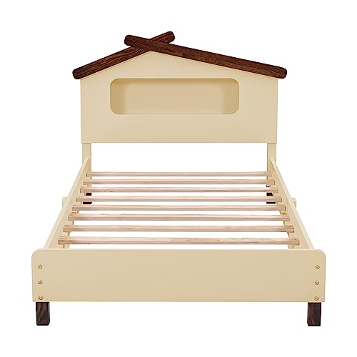 Harper & Bright Designs Twin Bed Frames with House-Shaped Headboard, Wooden Kids Twin Platform Bed Frame with Motion Activated Night Lights, Cute Single Twin Bed for Girls Boys, Cream+Walnut