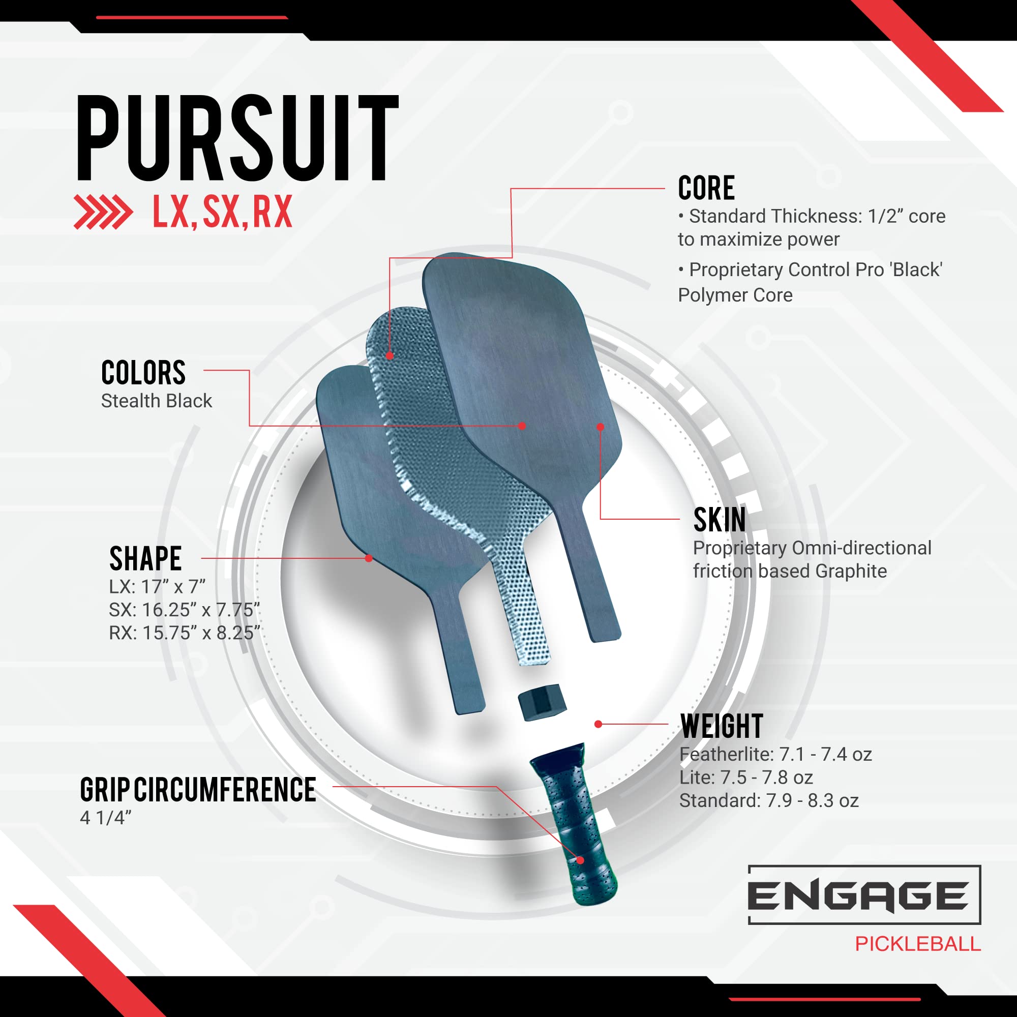 Engage Pickleball Pursuit SX Pickleball Paddle - Graphite Pickleball Paddle with Black Core - USAPA Approved - Made in USA (5/8" for Control (6.0), 6.0 Lite (7.6-7.9oz))
