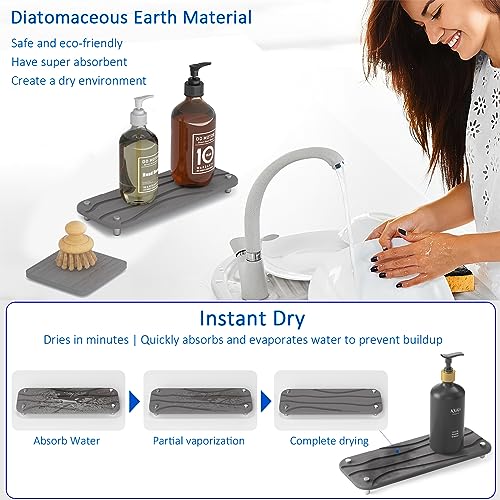 eipizx Sink Caddy Instant Dry Kitchen Sink Organizer With 2Pcs Diatomite Coasters Water Absorbing Stone Sink Tray For Soap Dispenser Quick drying Sink Caddy Sponge Holder For Kitchen Sink(Gray)