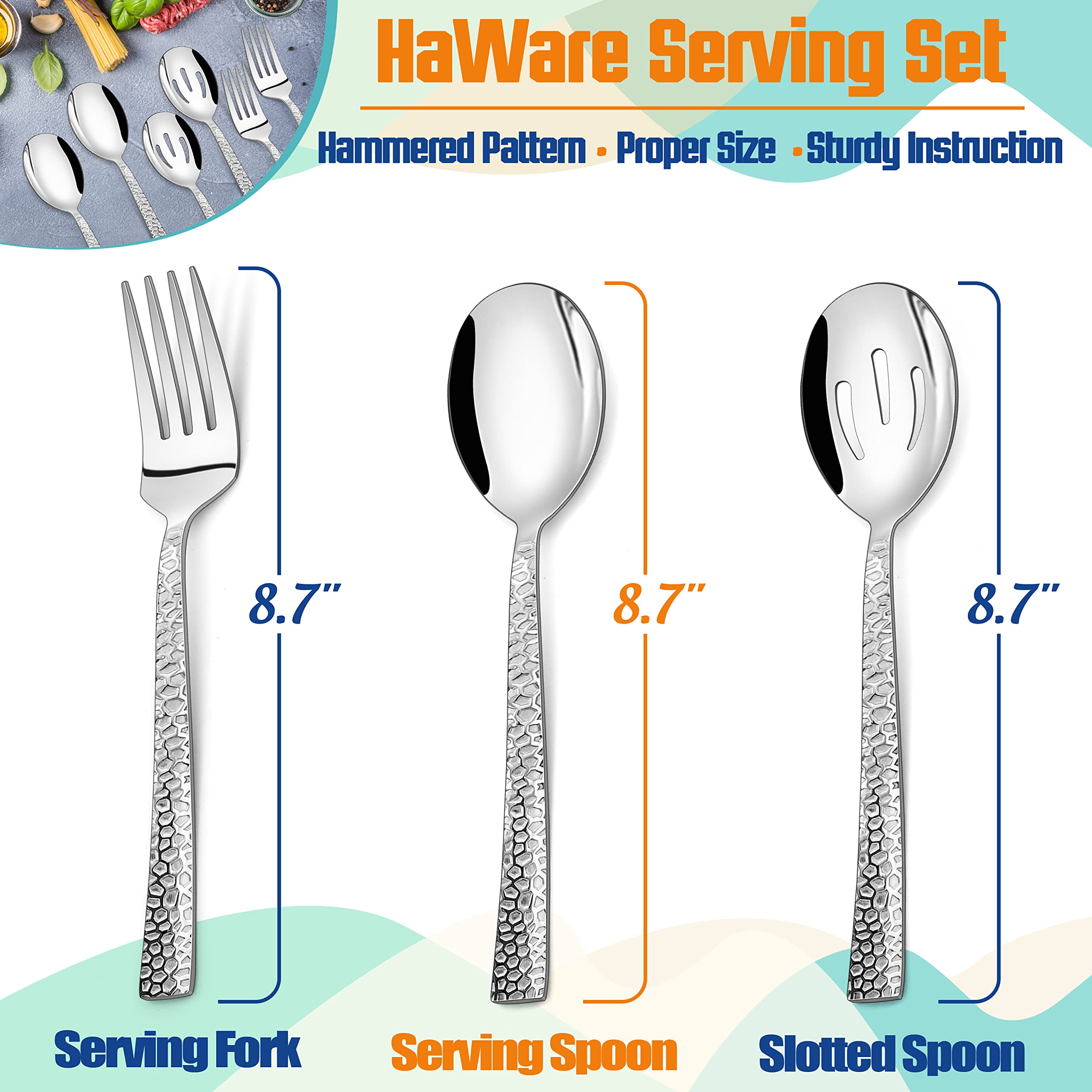 HaWare Hammered Serving Utensils Set, 6-Piece Stainless Steel Square Hostess Serving Set include Serving Spoon, Fork, Slotted Spoon for Party Buffet Banquet Catering, Mirror Polished, Dishwasher Safe