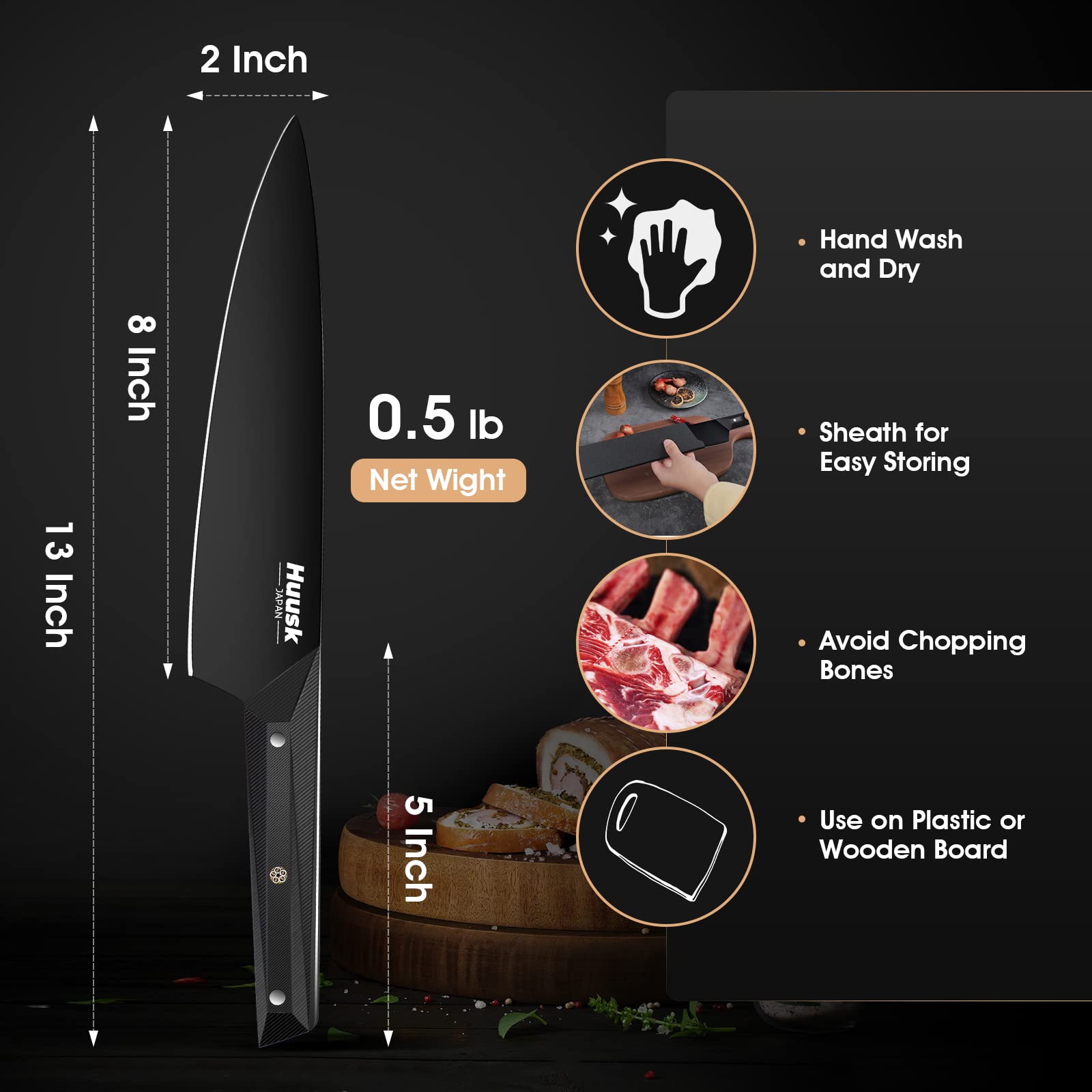 Huusk Forged Meat Cleaver Knife with Sheath Bundle with AUS 8 Stainless Steel Japanese Chef Knife