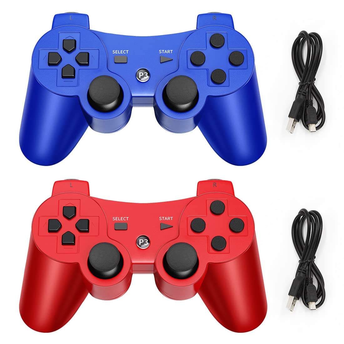 DIANVEN Controller for PS3 Controller Wireless for Sony PlayStation 3, Bluetooth Remote Control for PS3, Double Shock and Motion Sensing USB Charging Cables for PS3 Controller, Blue&Red
