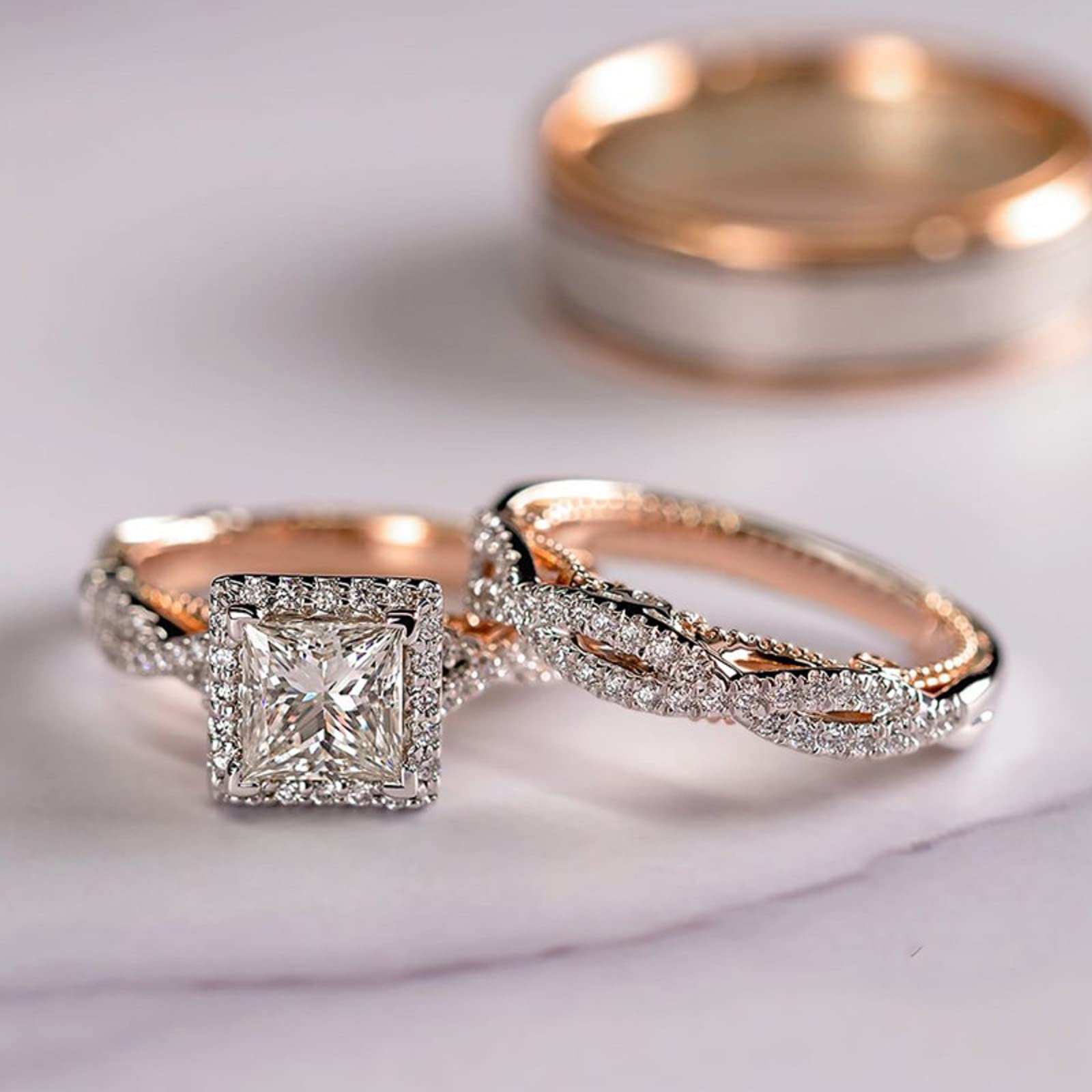 Engagement rings for couples set,3 pc His and Her Wedding Ring Set, Hypoallergenic Rose Gold Ring Set, Cubic Zirconia Bride Promise Rings Set,size 6-10 (9)