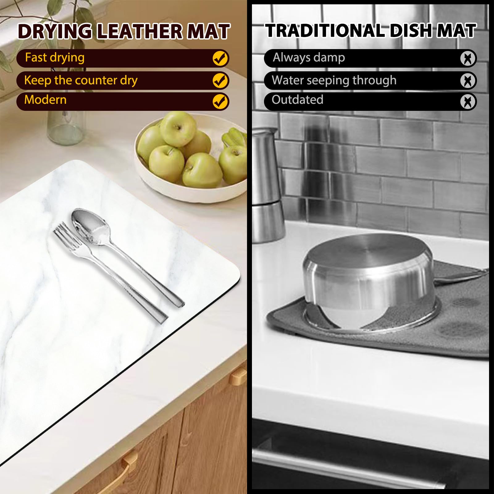 Dish Drying Mat for Kitchen Counter, 24"x16" Super Absorbent Hide Stain Dish Drying Pad with Non-slip Rubber Backed, Quick Drying Mat for Coffee Machine Dish Rack(Whtie Marble)