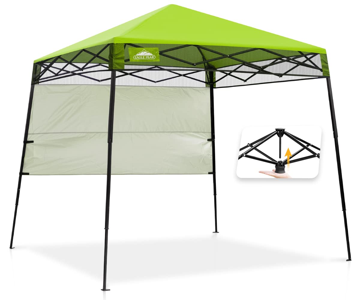 EAGLE PEAK 8x8 Pop Up Canopy Tent with Sidewall, Compact, Portable Slant Leg Instant Sun Shelter for Beach, Sports, & Camping, 8x8 Base 6x6 Top, Green
