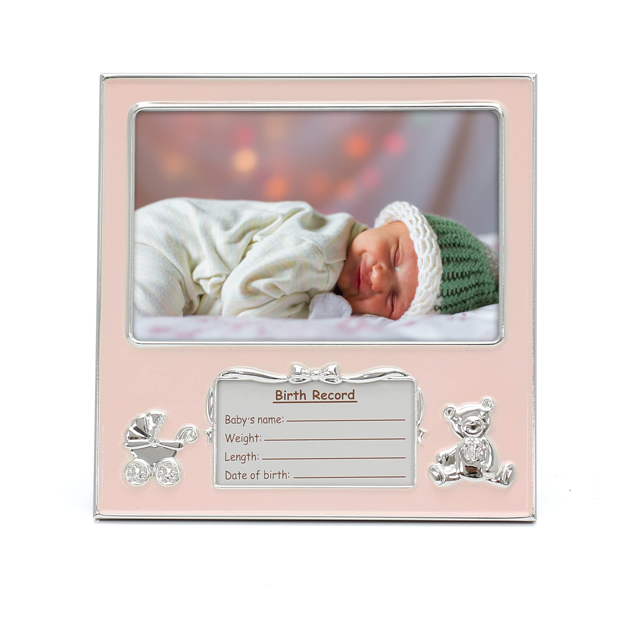 MIMOSA MOMENTS Bear and Pram Silver-tone Metal Baby Girl Picture Frame with Birth Details Tag (4x6 horizontal, Silver-tone & Pink)