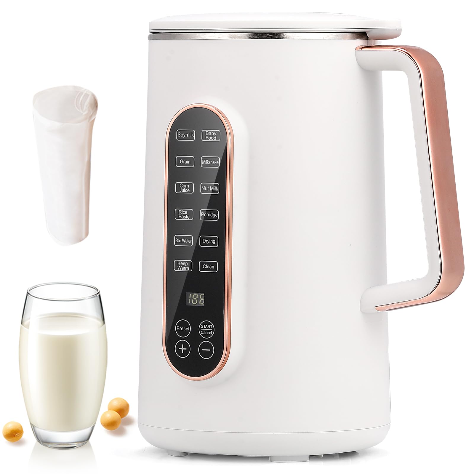 Moongiantgo 40oz Soy Milk Maker, 8-1 Automatic Almond Milk Maker Machine, Plant-Based Milk, Oat Milk, Dairy Free Beverages, 10 Blades Nut Milk Maker with 12h Delay Start/Keep Warm/Auto Clean (White)