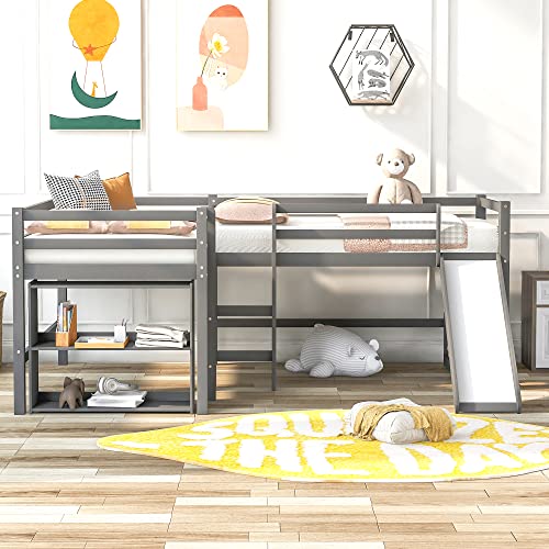VilroCaz L-Shaped Twin Size Loft Bed with Widened Ladders and Slide, Solid Wood Loft Bed Frames with Safety Guardrail and Movable Bookshelfs for Kids, Teens, Girls & Boys (Gray)