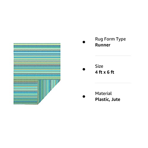 JBGO Outdoor Rug,Patio Rug,4' x 6' Reversible Woven Lightweight Large Plastic Striped Stain Proof Indoor Area Runner Mat for Deck Patio Camping Beach Picnic BBQ (Turquoise Blue Stripes)