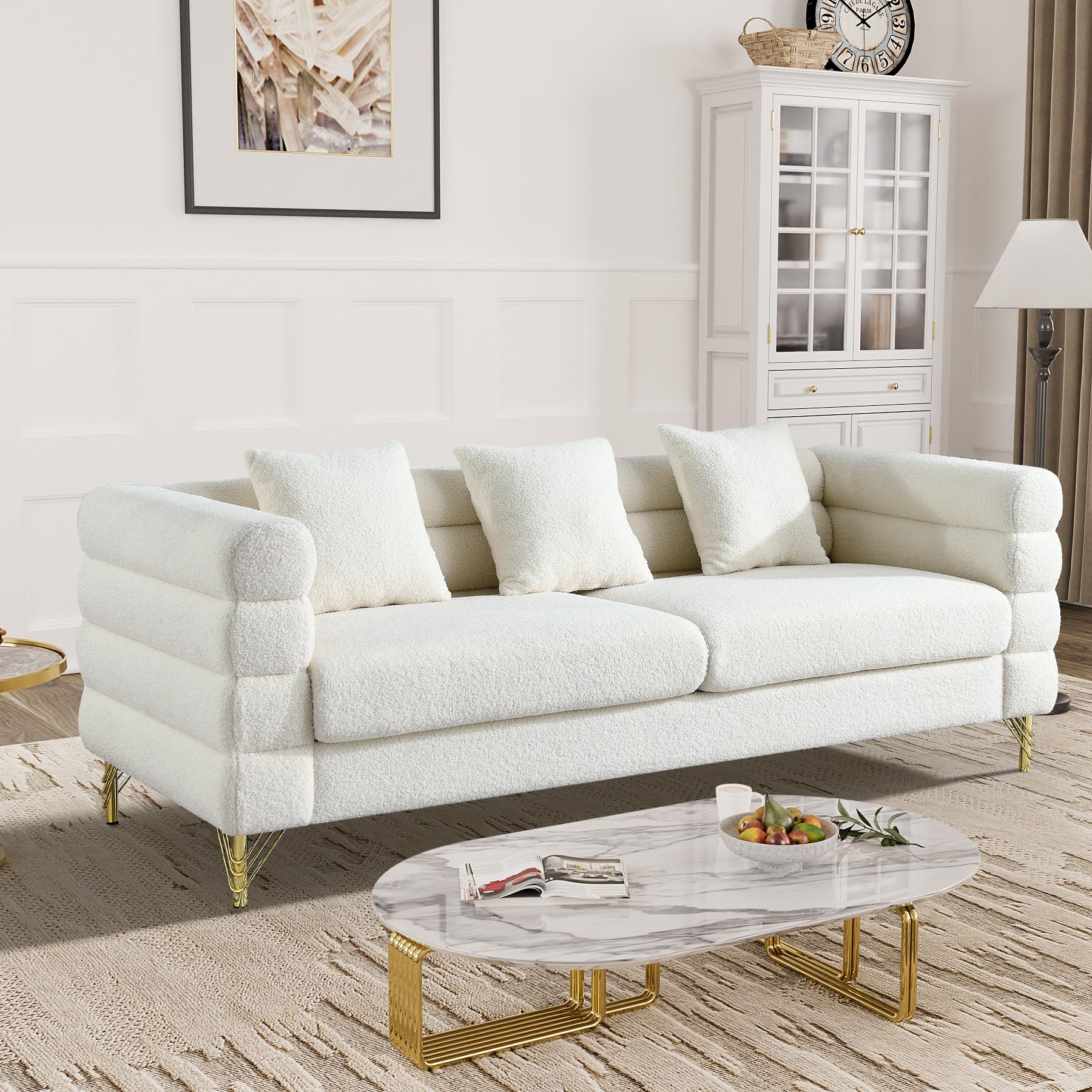 OUYESSIR Cloud Sofa Couch for Living Room, 79" Comfy Deep Seat Boucle Sherpa Sofa with 3 Pillows and Gold Legs, Modern Upholstered 3 Seater Large Loveseat for Bedroom Office, Beige White Teddy