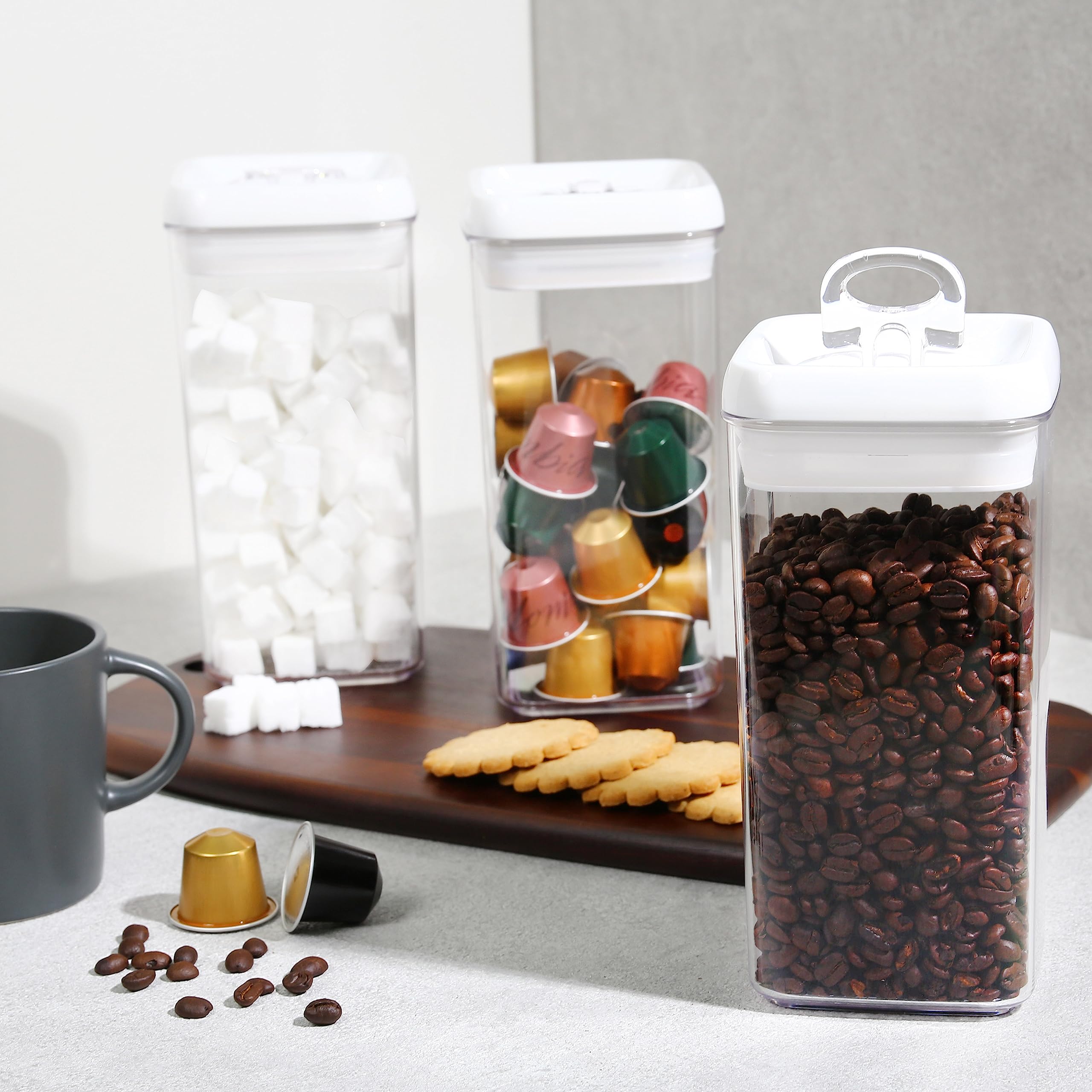 Felli Flip Tite Airtight Food Storage Container with Lid 4β Regular-L Lock Top Stackable Acrylic Kitchen Canister Jar for Pantry Cupboard Organizer Nuts Snack Cracker Pet Treats for Cat Dog (1.3 qt)