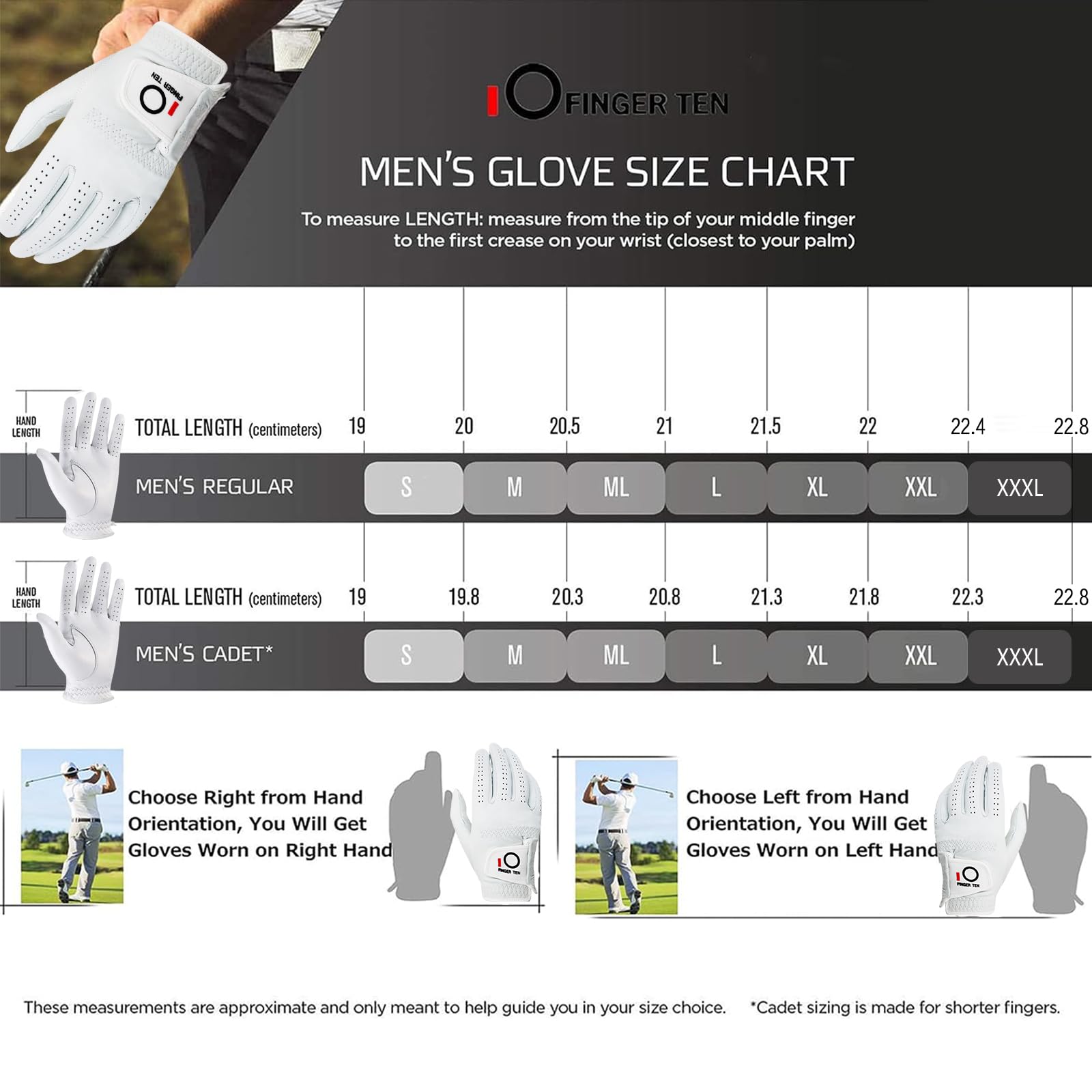 FINGER TEN Golf Gloves Men Right Handed Golfer Left Hand 3 Pack Cabretta Leather White Soft All Weather Grip Breathable Lightweight Flexible Glove (White, Large, Worn on Left Hand)