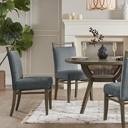 Madison Park Elmwood Dining Chair Set of 2-Cut Velvet Upholstered Backrest, Foam Seat Cushion Modern Kitchen Furniture, Reclaimed Grey Finished Solid Wood Legs, 38.5" H, Blue