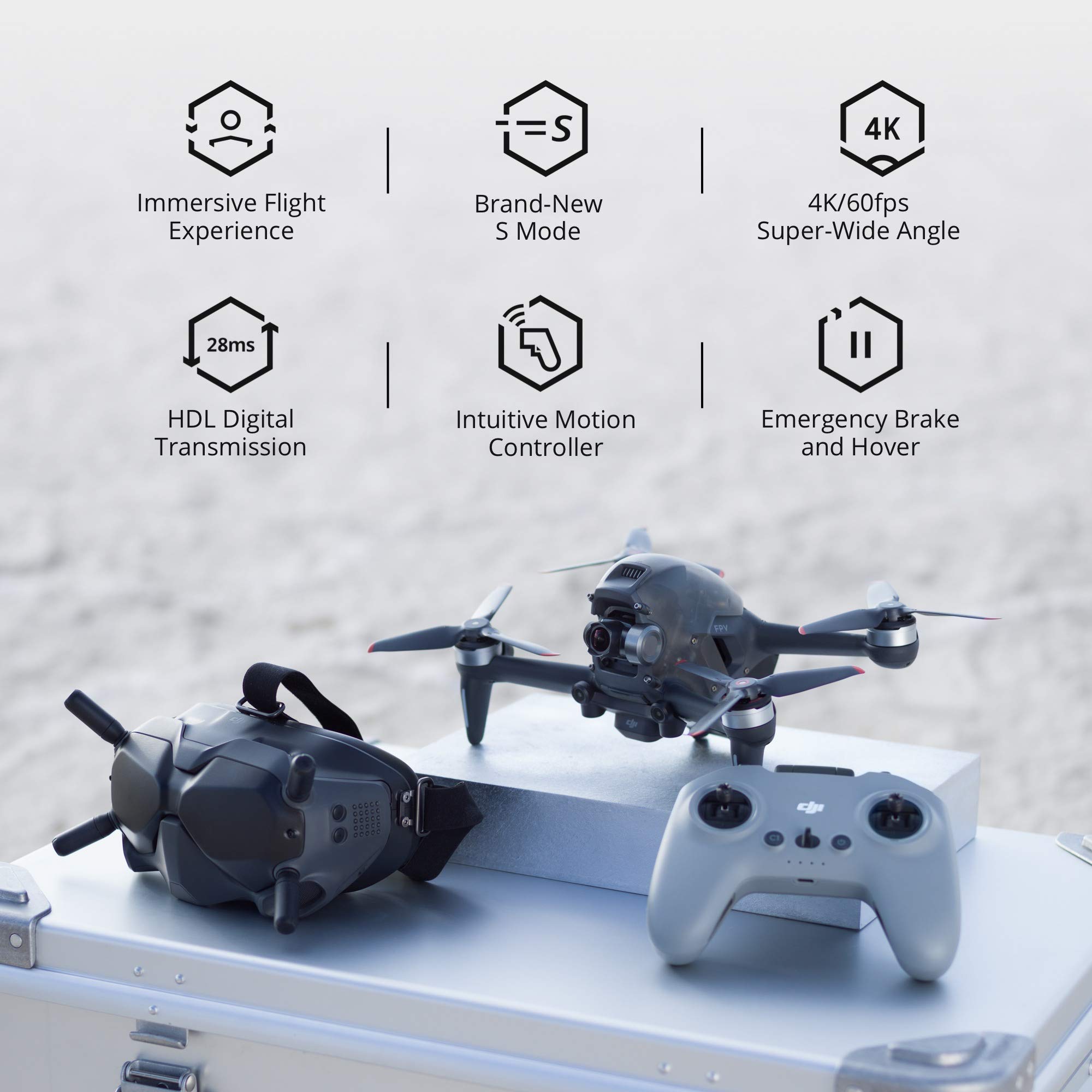 DJI FPV Combo - First-Person View Drone UAV Quadcopter with 4K Camera, S Flight Mode, Emergency Brake and Hover, (CP.FP.00000001.01) + Sling Backpack + 64GB Card + Cleaning Kit + Memory Wallet + More