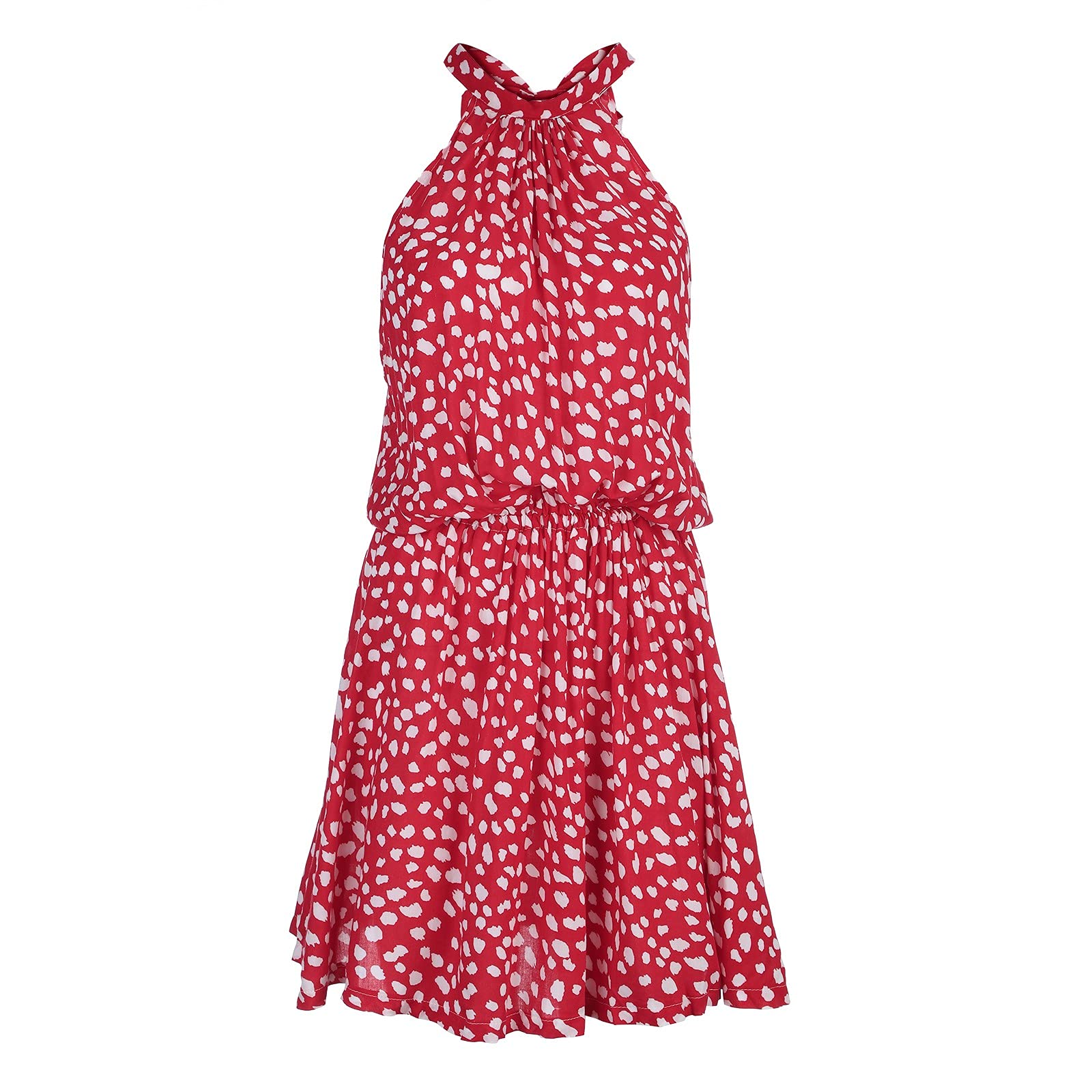 Halter Mini Dress Graphical Printing Crewneck Sundress Back Tie Up Sleeveless Swing Beach Dress for Women Red