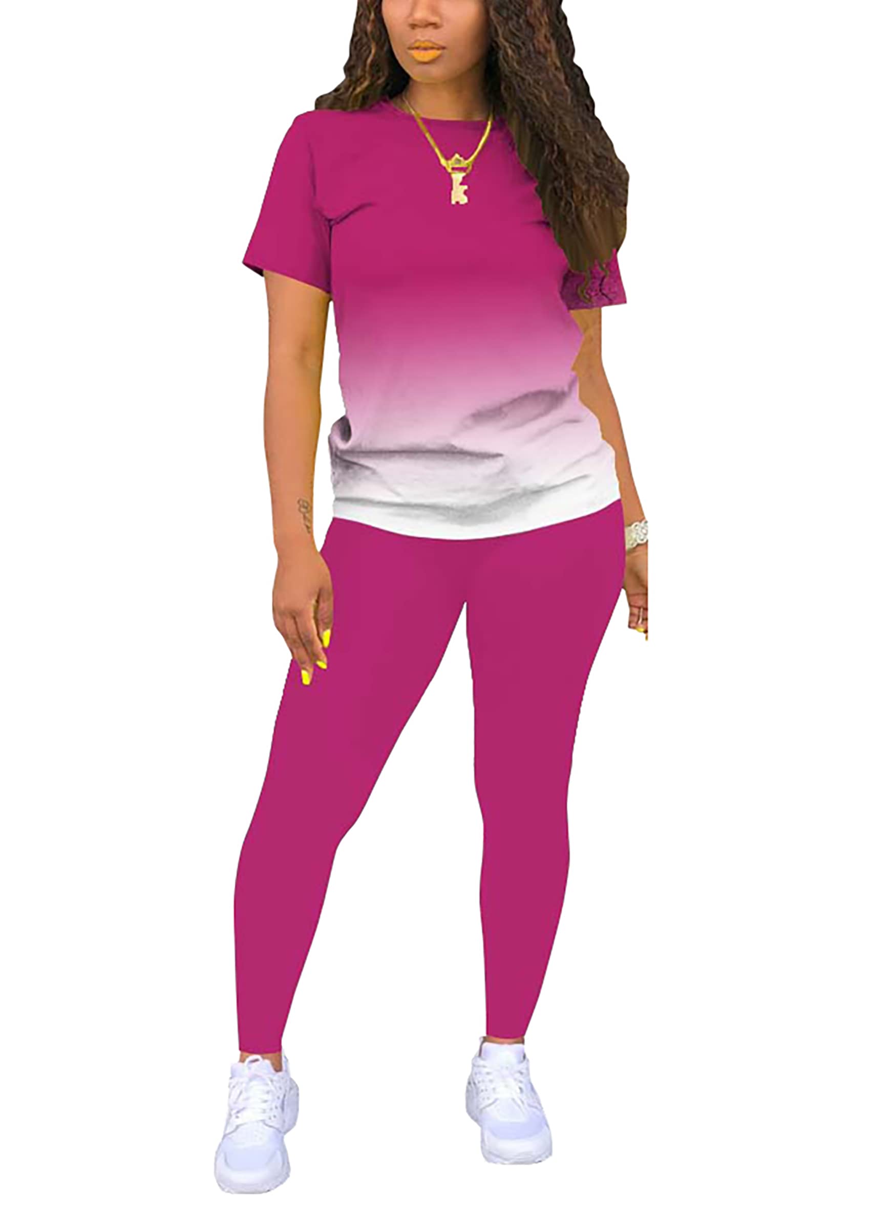 Fooullaide Women Summer 2 Piece Outfit Set Gradient Print Short Sleeve Tops Bodycon Long Sweatpants Tracksuit Sweatsuit