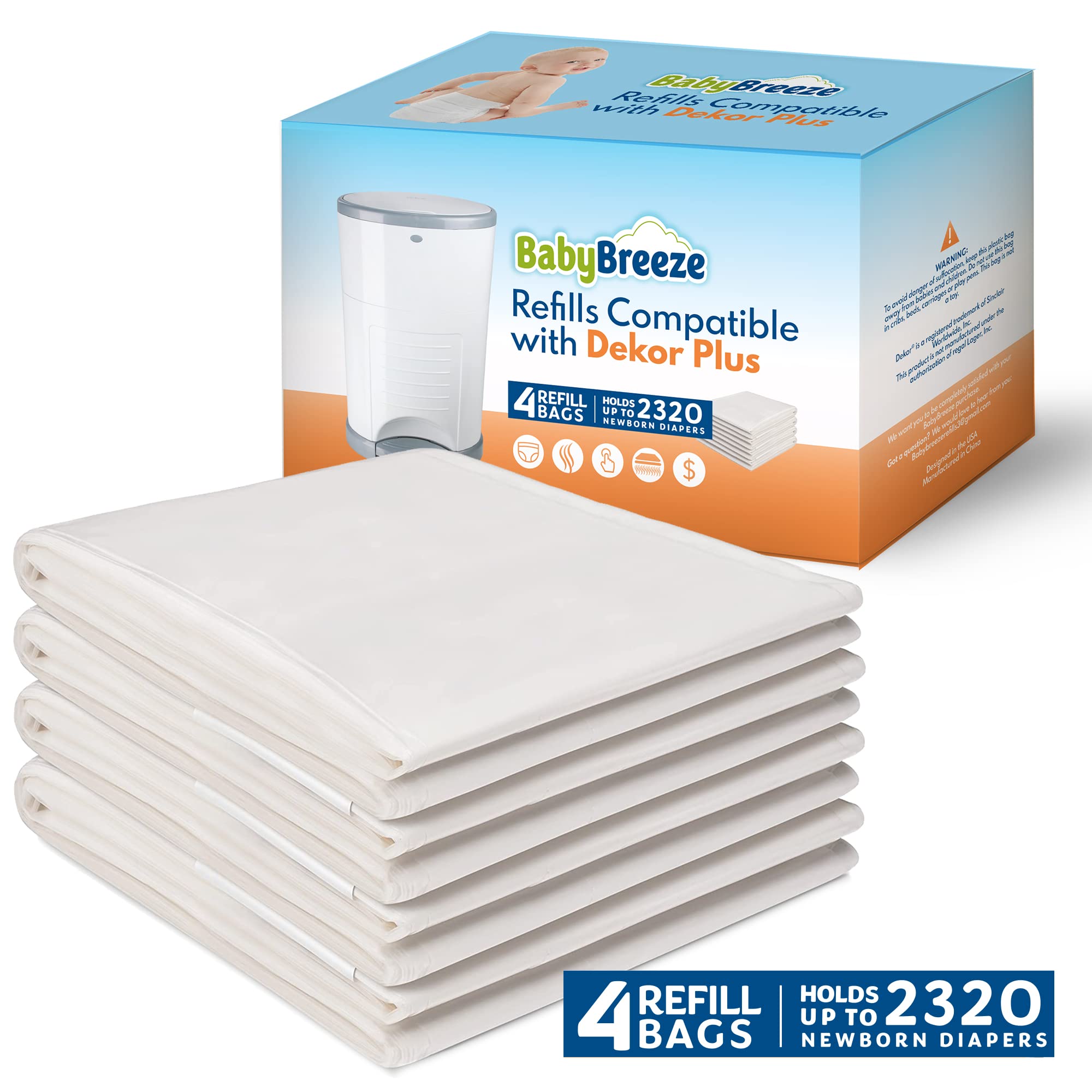 Diaper Pail Refills Compatible with Dekor PLUS Diaper Pail 4 Refill Bags Holds 2320 Diapers β Strong, Durable Baby Powder Scented Refills Bags