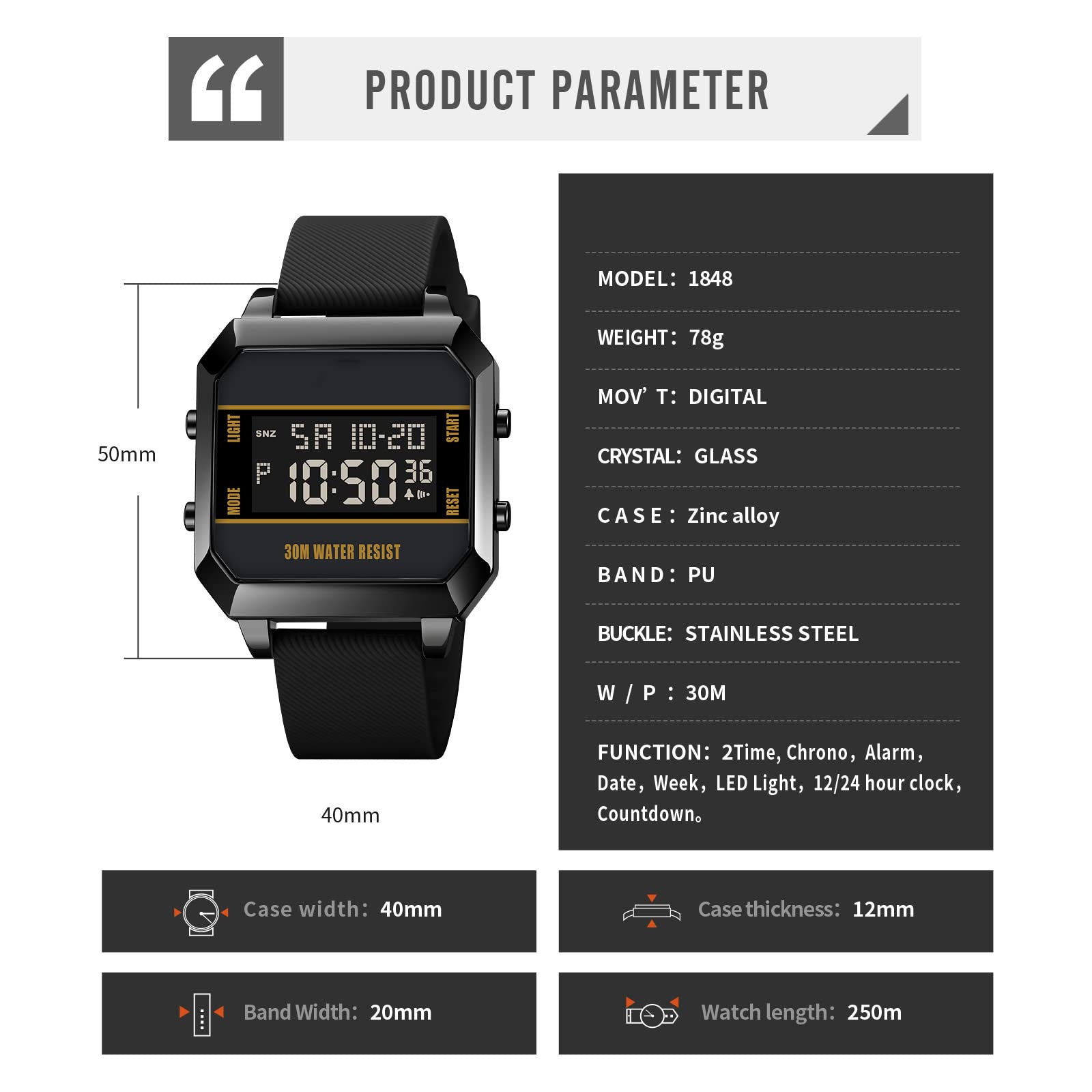Digital Watch for Men, Yapeach LED Square Large Face Waterproof Outdoor Sport Silicone Wrist Watches for Men with Dual Time, Chrono, Alarm, EL Light, 12/24 H Clock, black, strap