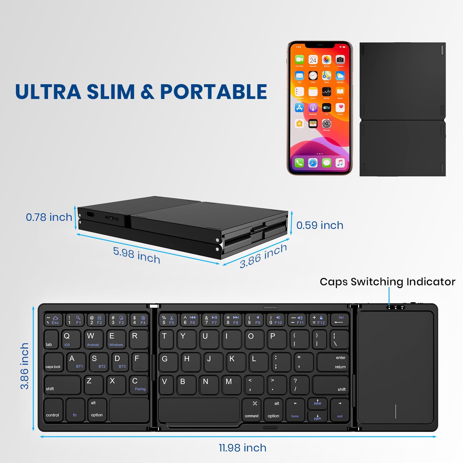 HAMOPY Foldable Keyboard, Tri-Folding Wireless Portable Bluetooth Keyboard with Sensitive Touchpad Mouse (Sync Up to 3 Devices), Pocket-Sized Rechargeable Travel Keyboard for Windows Mac Android iOS