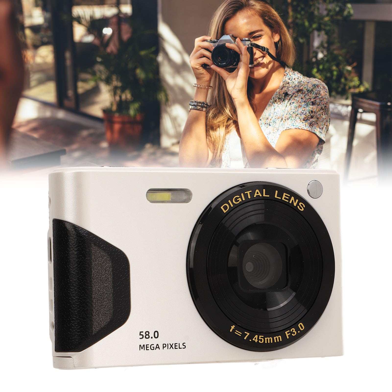 Digital Zoom Camera, Timing Photo 4K HD Smart Camera 800mAh Face Recognition 2.7 Inch TFT Screen with Electronic Shutter for Landscape Photography (White)