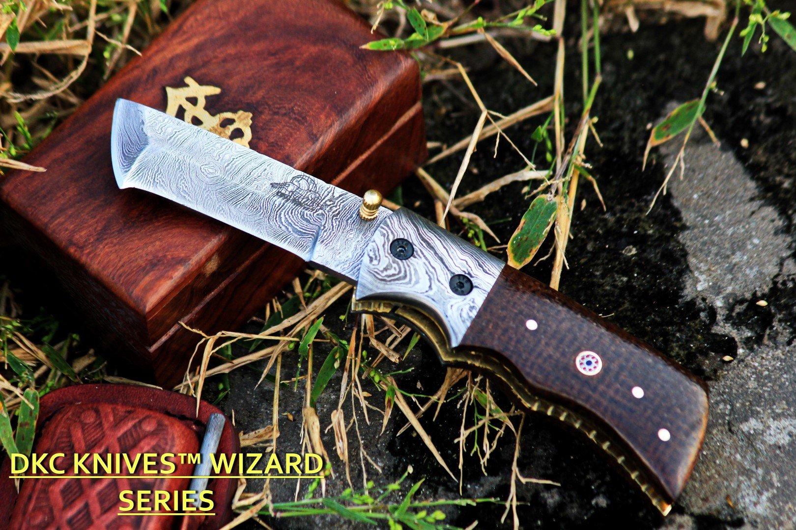 DKC Knives DKC-27-BM-DS-PC Wizard Pocket Clip Brown Micarta 7" Long, 4" Folded 6oz Damascus Tanto Folding Pocket Hunting Knife TM (Brown Micarta)