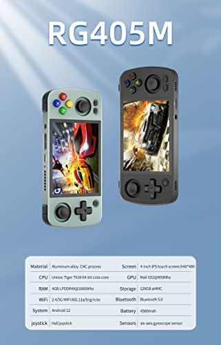 RG405M Retro Handheld Game Console 4 Inch IPS Touch Screen Android 12 CNC Aluminum Alloy Unisoc Tiger T618 Portable Video Player 128G 3172 Games Support OTA Update(DXR-RG405M-Grey)
