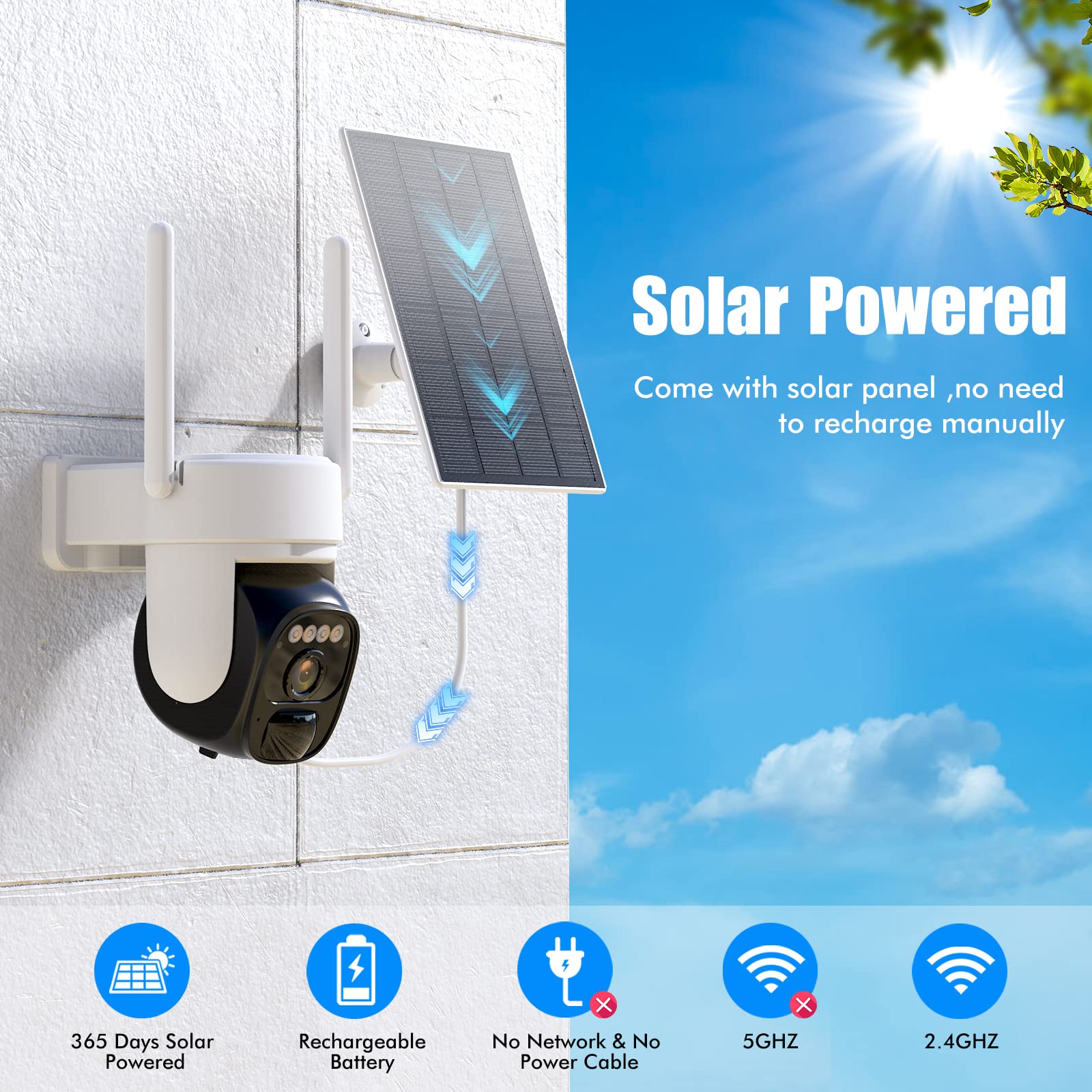Hawkray Solar Security Cameras Wireless Outdoor ，2K 360° View Pan Tilt Low Power Consumption WiFi Security Cameras with AI Motion Detection, Two-Way Audio,Color Night Vision