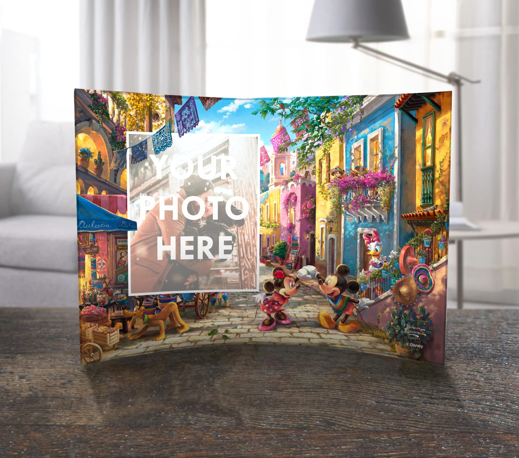 Disney – Mickey and Minnie Mouse in Mexico – Personalize with Your Image! - Thomas Kinkade Studios – 10” x 7” Curved Acrylic Photo Print – Free Standing Décor – Officially Licensed Collectible