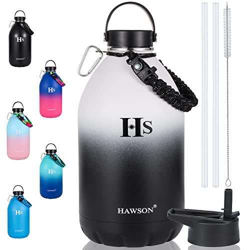 HAWSON Insulated Water Bottle 128oz with Straw Handle Lid Sport One Gallon Water Jug Stainless Steel Cold Water Bottles with Paracord Handle Wide Mouth Thermo Canteen Mug