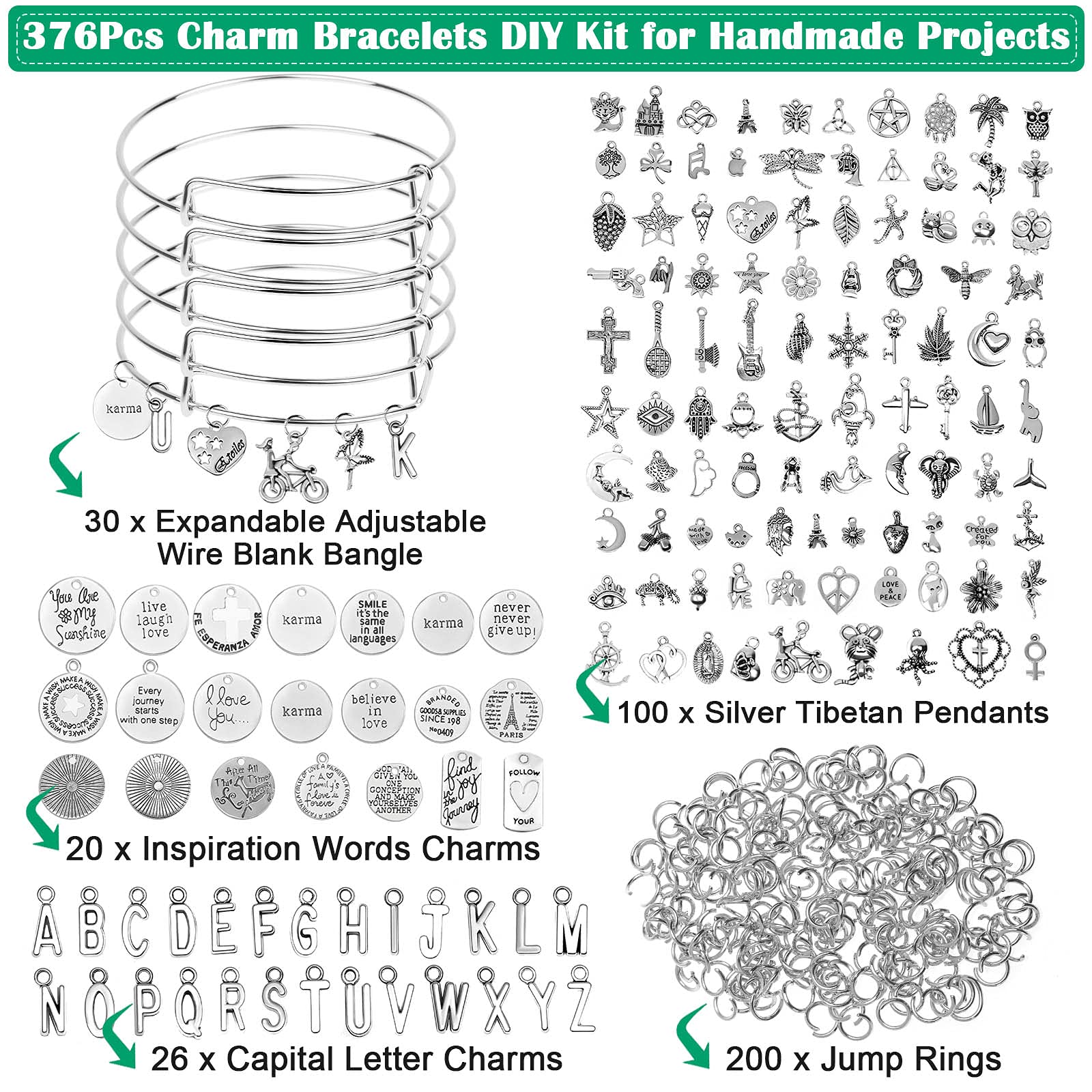 Flasoo 376Pcs Bangles Bracelet Making Kit Include 30Pcs Expandable Bangle Adjustable Wire Bracelets 146Pcs Assorted Tibetan Silver Charm Pendants and 200Pcs Jump Rings for DIY Craft Jewelry Making