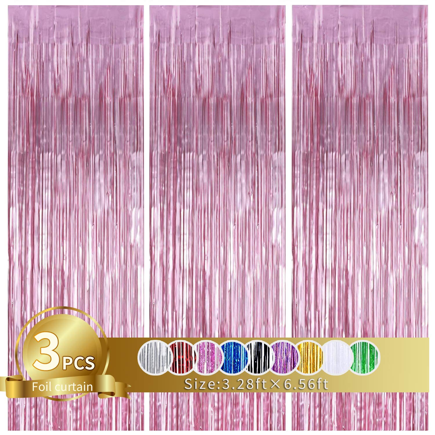 TONIFUL 3Pcs Pink Door Streamers,Pink Photo Booth Backdrop Metallic Streamers Pink Foil Fringe Curtains for Birthday,Christmas,New Year,Bridal Shower,Bachelorette Party Decor(9.9ft x 6.6ft)