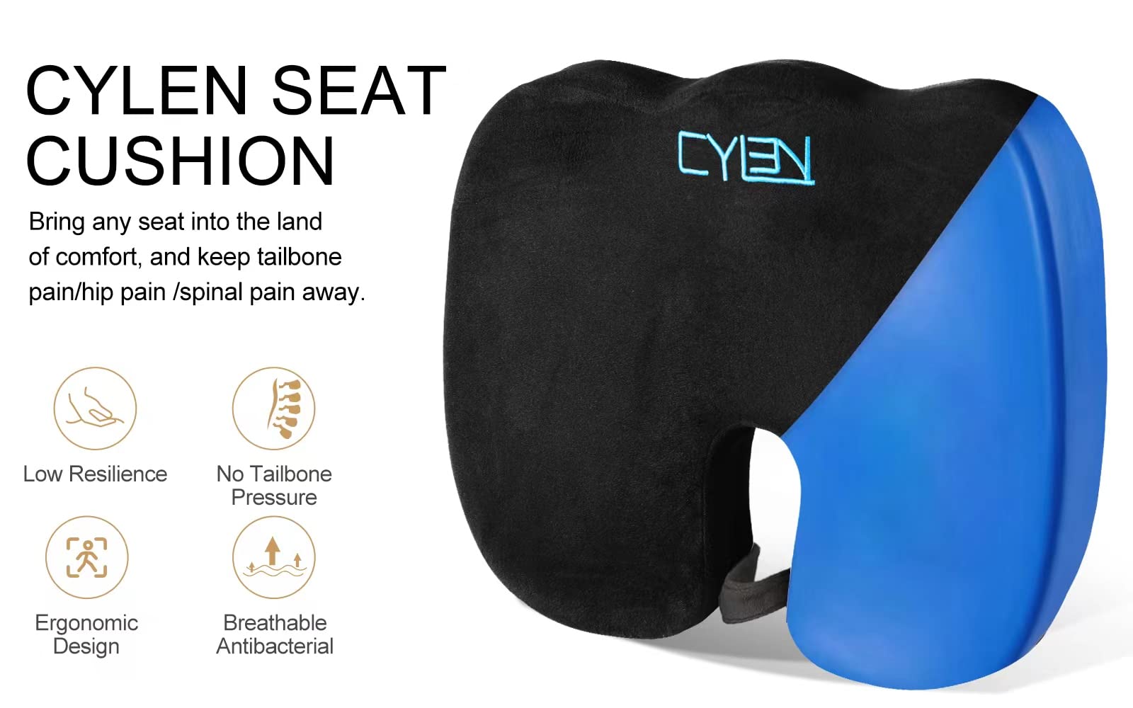CYLEN Home Office Seat Cushion - Comfort Memory Foam Chair Cushion with Cooling Gel Infused for Tailbone, Coccyx, Back & Sciatica Pain Relief (Black-Blue)