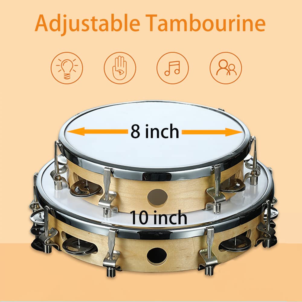 ENNBOM Tambourines for Adults Hand Held Ring Bell Adjustiable Metal Jingles Wood Frame Hand Drum (10")