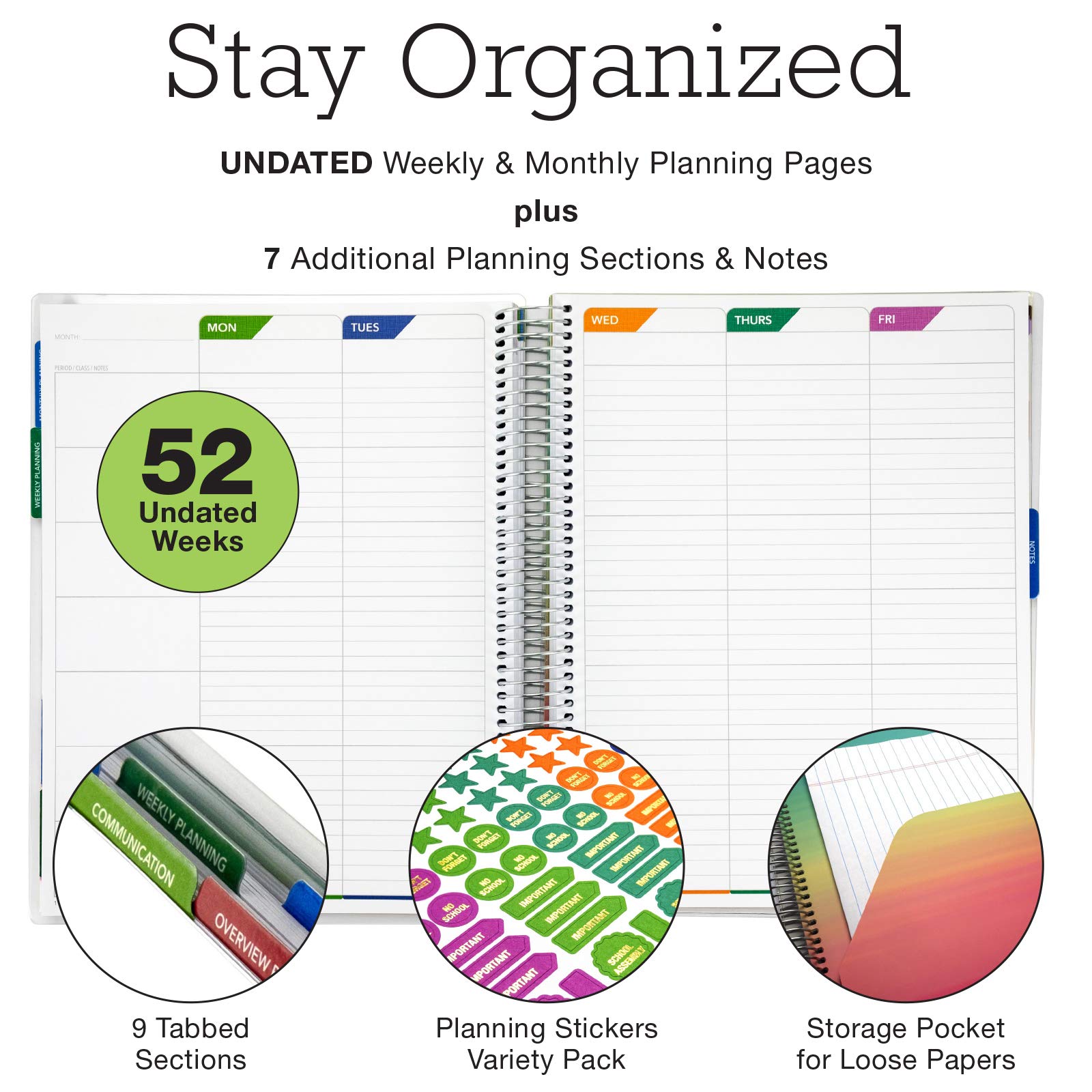 Elan Publishing Company Deluxe Undated Teacher Planner: 8.5x11 Includes 7 Periods, Page Tabs, Bookmark, Planning Stickers, Pocket Folder Daily Weekly Monthly Planner Yearly Agenda (Dark Blue Marble)
