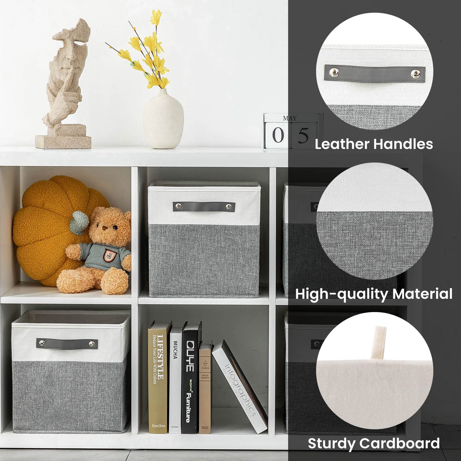 DULLEMELO 11x11 Cube Storage Bins Fabric Cubby Baskets, Foldable 11 x 11 storage cubes for Organizing Toys Books Towels Clothes, Cube Storage Organizer Bins for Shelves Closet Home Office, White&Grey