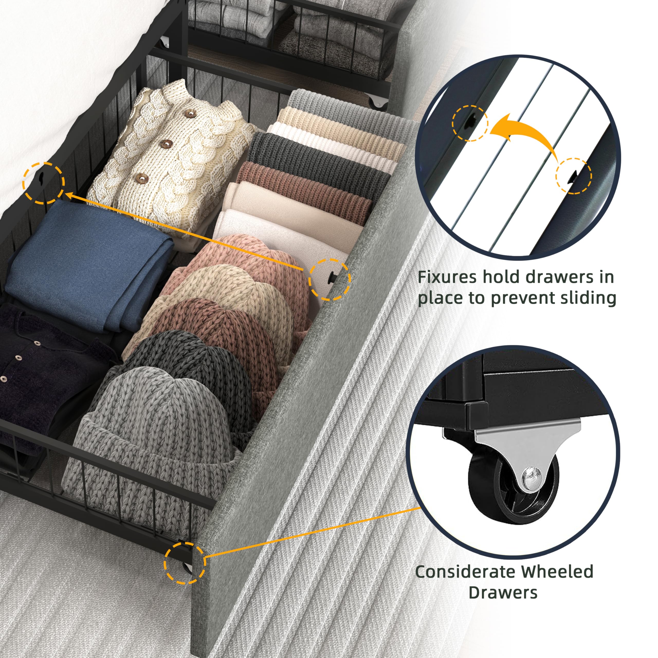 Olivae Queen Bed Frame with 4 Storage Drawers, Linen Fabric Tufted Adjustable Headboard Bed Frame with Wooden Slats Support, No Box Spring Needed, Non-Slip, Noise-Free, Easy Assembly